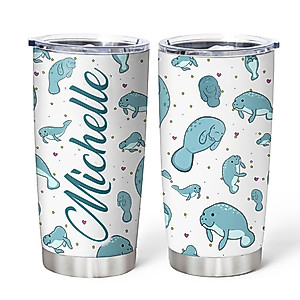 Hyturtle Personalized Gifts Manatee Lover - Manatees Printed Customized Name Stainless Steel Tumbler 20 oz With Lid - Idea Cute Sea Animal Lover Gifts For Women, Girl, Kids On Birthday, Christmas