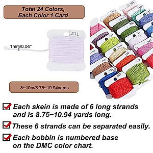 PH PandaHall 24 Skeins 6-Ply Embroidery Floss 1mm Cross Stitch Threads 24 Colors Friendship Bracelets Floss Crafting Arts Embroidery Strings for Necklace Hair Wraps Sewing Craft, 8.7~10.9 Yard/Card