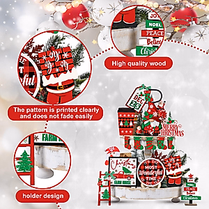 Tradder 14 Pcs Christmas Tiered Tray Decor Christmas Stockings Red Truck Xmas Tree Santa Gnome Merry Christmas Wooden Signs Christmas Table Decorations Rustic Farmhouse Decor for Home Table Shelf