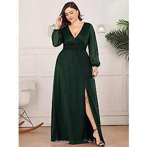 Ever-Pretty Women's Glitter A Line High Slit V-Neck Plus Size Formal Gowns and Evening Dresses Dark Green US16