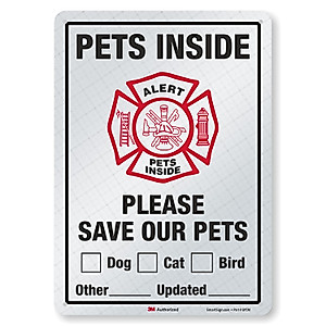 SmartSign 14 x 10 inch “Pets Inside - Please Save Our Pets” Write-On Metal Sign, 40 mil Aluminum, 3M Laminated Engineer Grade Reflective, Red/Black on White, Made in USA
