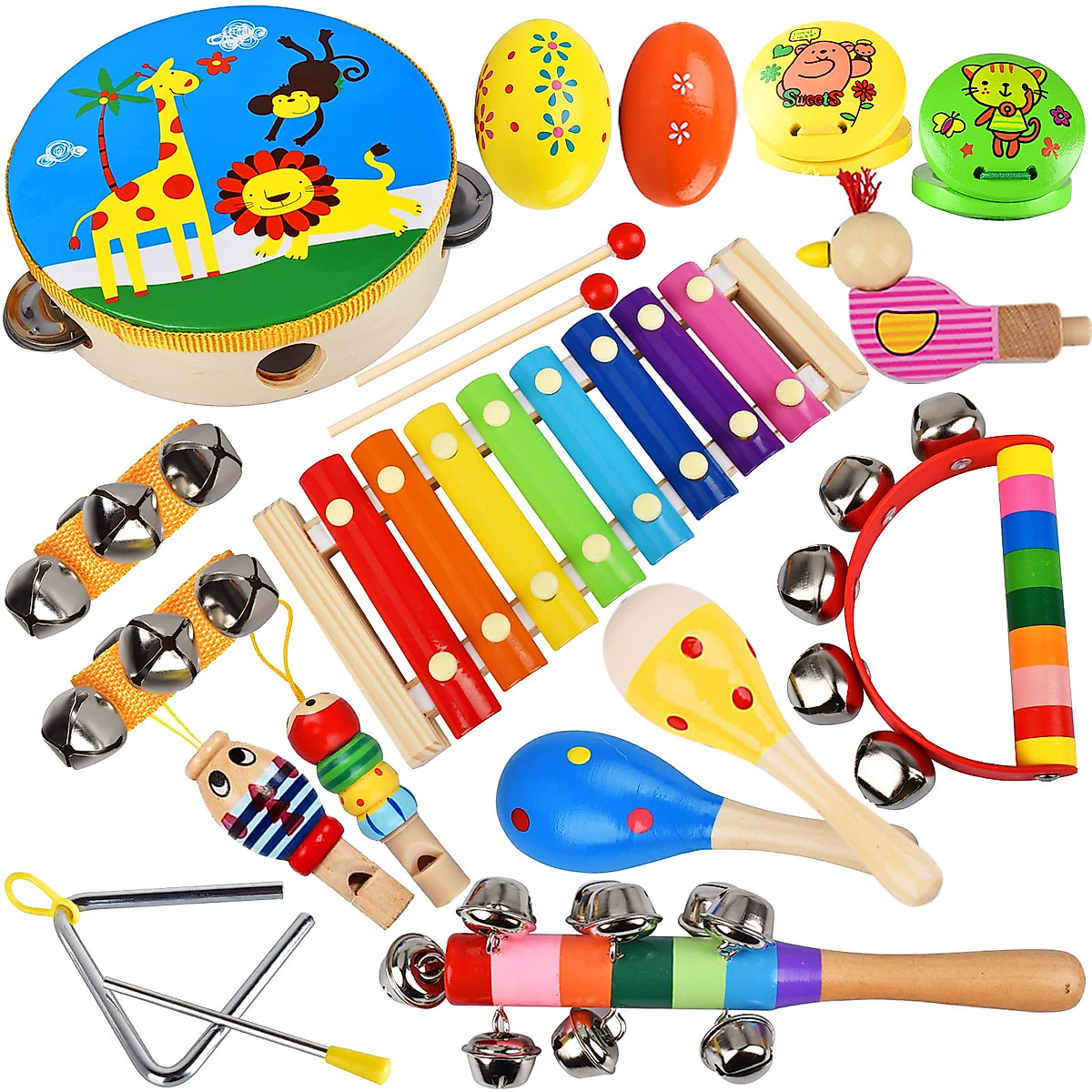 INLAIER Kids Musical Instruments Set, 20 Pcs Wooden Shakers Percussion Instruments Tambourine Xylophone Toys, Child Early Learning Musical Toys for Boys and Girls Gifts Present with Carrying Bag