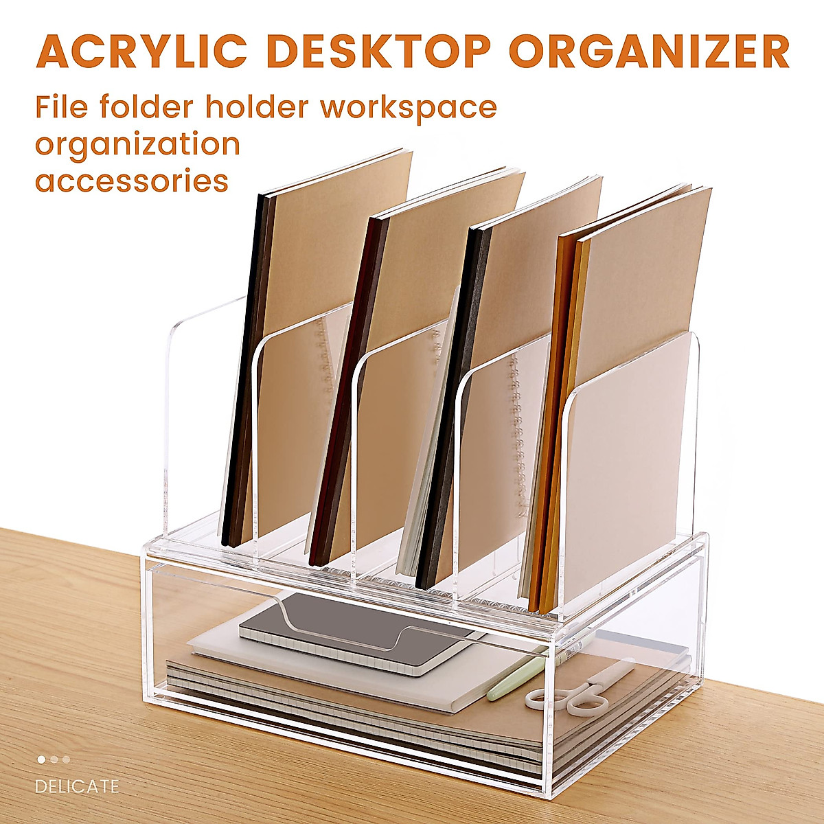 HeZone Acrylic Office Desk Accessories, Desk Organizer Storage whith Drawer-File Organizer for Desk, Clear Acrylic Office Organizer for Work-1Pack
