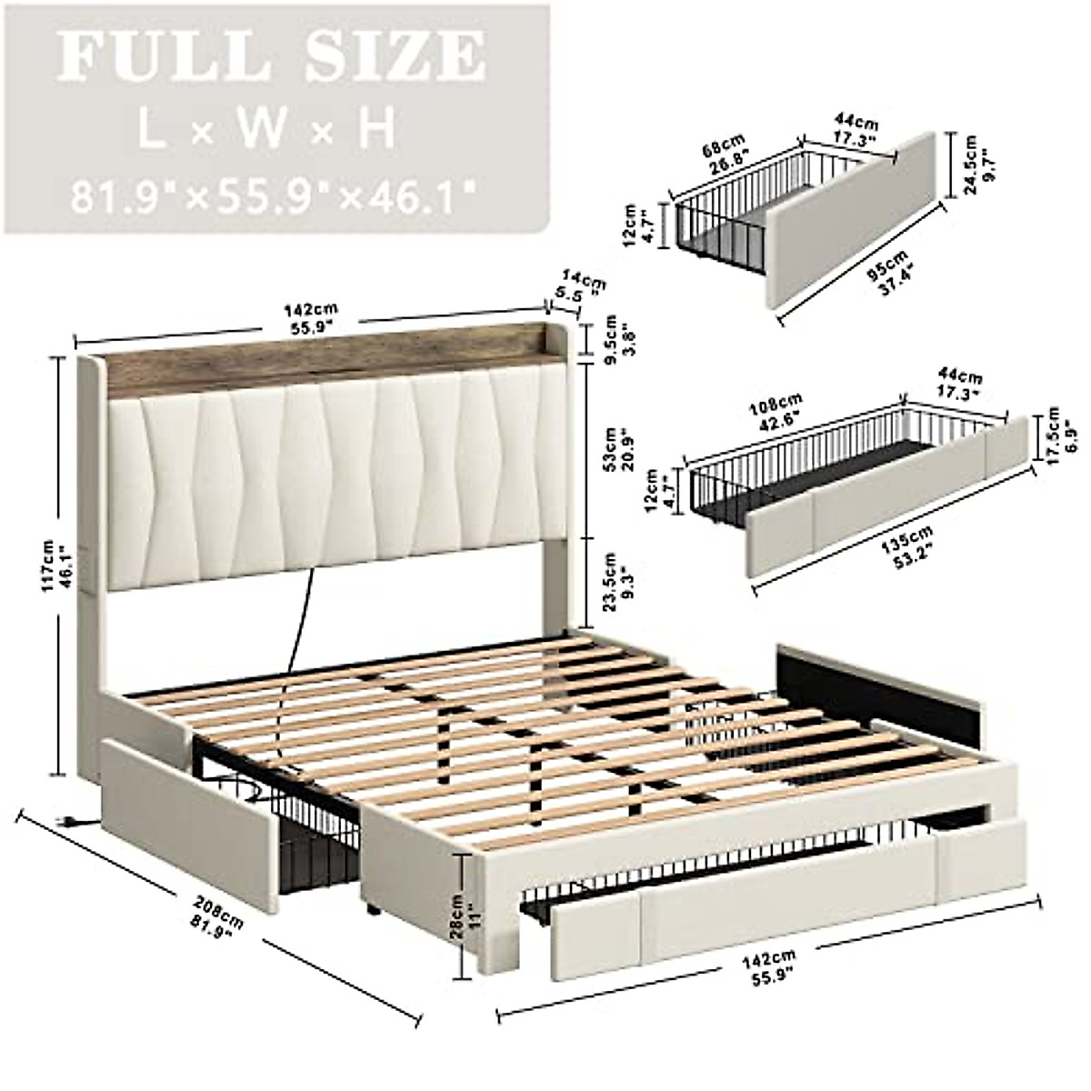 ANCTOR Full Size Bed Frame with 3 Drawers, Upholstered Platform Bed with Storage Headboard and Charging Station, No Box Spring Needed, Easy Assembly