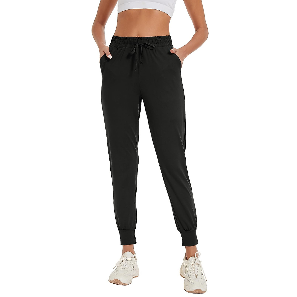 BATHRINS Women Tapered Joggers with Pockets – Casual Yoga High Waist Sweatpants Black