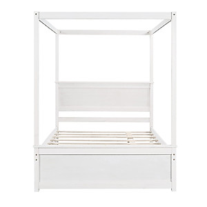 Full Size Canopy Bed with Trundle Bed, Solid Wood Full Platform Bed with Headboard, Footboard and Slat Support,Modern 4 Poster Panel Bed for Kids, Teens, Adults. No Box Spring Needed (Full, Gray)