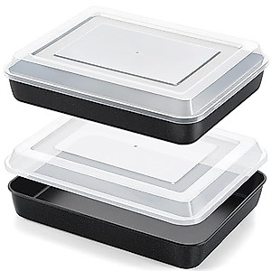 P&P CHEF Baking Pans with Lids Set, 9.7 x 12.5 Inch Rectangular Cake Baking Pan for Lasagna Brownie Bread, Stainless Steel Core & Nonstick Surface, Oven & Freezer Safe, 4Pcs - 2 Pans & 2 Lids