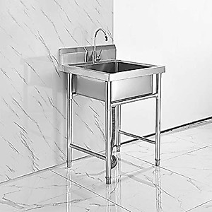 Thicken Independent 201 Utility Stainless Sink Portable Commercial Stainless Steel Sinks with Faucet Suitable for Outdoor Indoor Garage Kitchen Laundry Room (60 X 60 X 80cm)