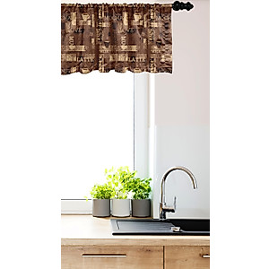 Ambesonne Coffee Window Valance Pack of 2, Cafeteria Pattern with Hot Mocha Latte Milk Love Typography on Scribble Backdrop, Rod Pocket Curtain Valances for Kitchen Bedroom, 54" X 18", Beige Brown