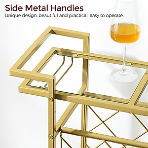 MAHANCRIS Gold Bar Cart, Home Bar Serving Cart, 3 Tier Drink Cart with 7 Wine Bottle Racks, Glass Holders, Beverage Cart on Wheels for Kitchen, Bar, Dining Room, Living Room, Outdoor, Glass, RCJ50B01