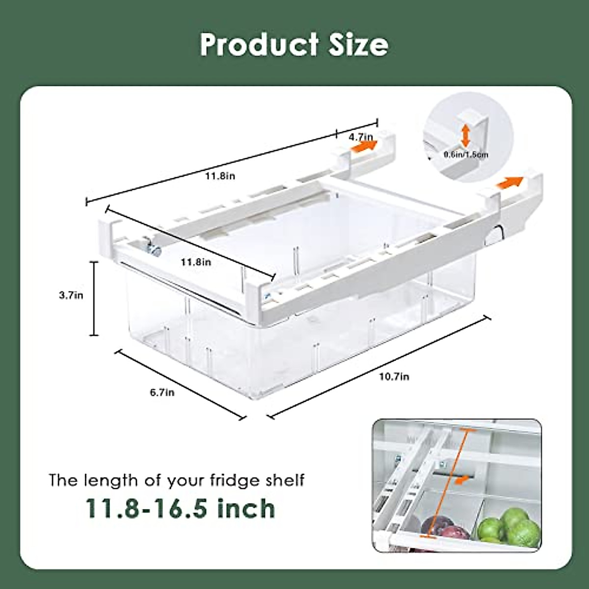 Yilingchild Fridge Drawer Organizer, Clear Refrigerator Organizer Bins with Handle, Pull-out Kitchen Fridge Storage Box for Egg Fruit Vegetable, Fit for Fridge Shelf Under 0.6" (1 Pack,No Dividers)