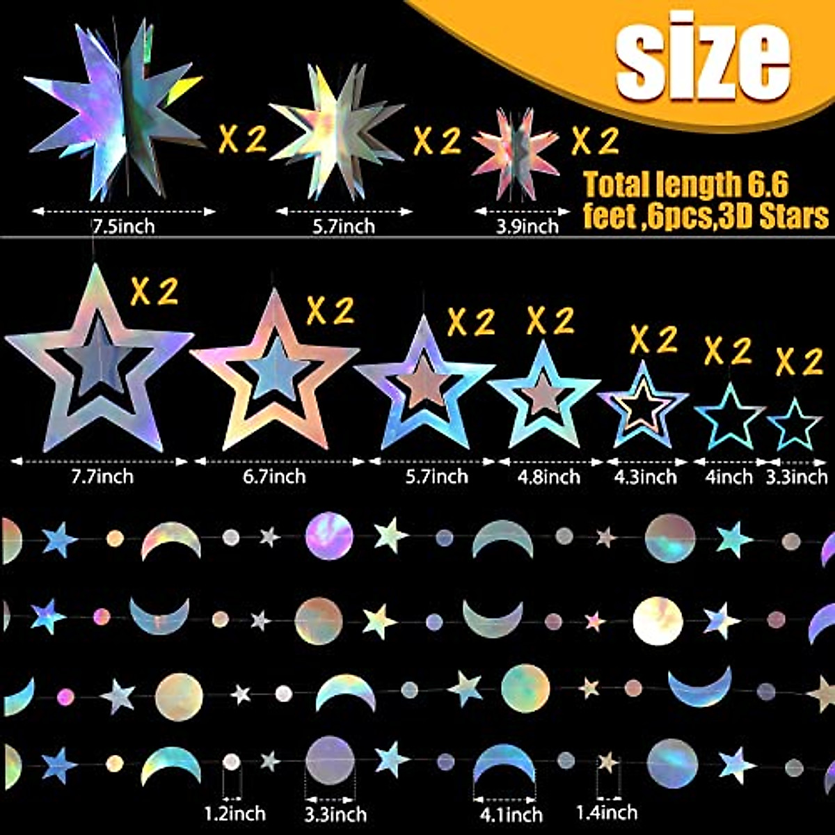 7 Pcs Iridescent Moon Star Garland Streamer, Bling Bling 3D Twinkle Little Stars Hanging Decor Backdrop for Baby Shower Birthday Graduation Eid Mubarak Party Decoration