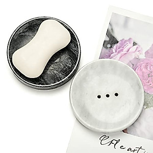 Tahit Round Genuine Marble Soap Dish, Real Stone Facial Sponge Tray with Drain, Natural Stone Soap Dishes Holder for Bathroom Shower Kitchen Sink (Black)
