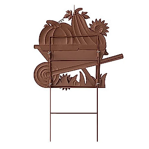 Glitzhome 30"H Fall Metal Wheel Barrow Pumpkin Yard Stake/Hanging Wall Decor,Pumpkin Wagon Cart with Happy Fall Signs,Fall Harvest Porch Decorations for Thanksgiving Autumn Halloween Party Supplies