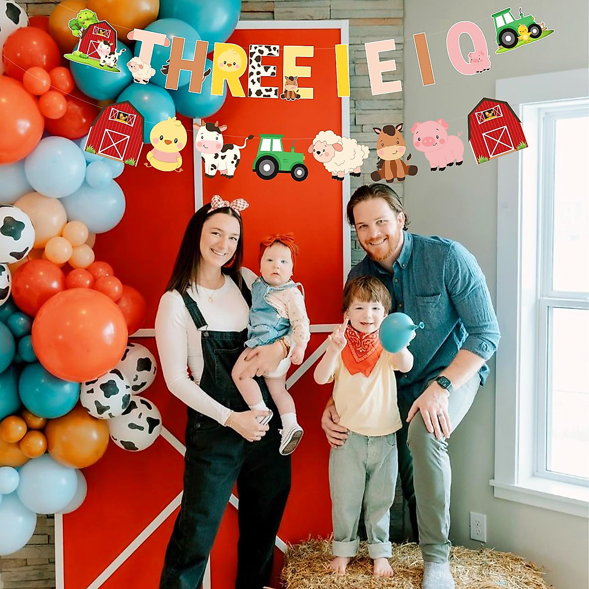 Sursurprise Farm 3rd Birthday Decorations, THREE I E I O Farm Animals Banner for Barnyard Farm Birthday Party Supplies