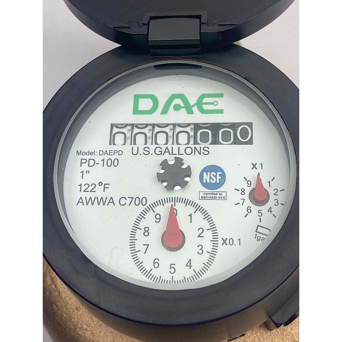 DAE PD-100 1" Non Lead NSF61, IP68 Positive Displacement Water Meter, 1" NPT Couplings, Pulse Output, Gallon