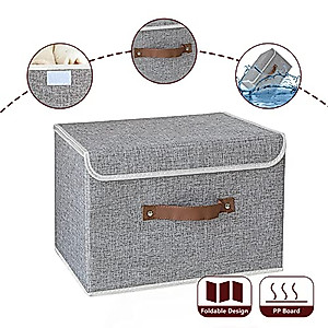 Yawinhe Collapsible Storage Boxes 1 Pack, Linen Fabric Storage Baskets Washable, with Lids and Leather Handle, for Home Bedroom Closet Office, (Grey, 15.0x9.8x9.8in), USNK024GL-1