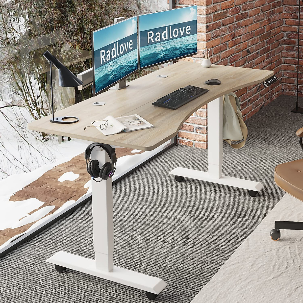 Radlove Electric Standing Desk, 55 x 30 Height Adjustable Computer Desk Sit Stand Desk Home Office Desks with Splice Board and A Under Desk Cable Management Tray (White Frame + Oak Top)