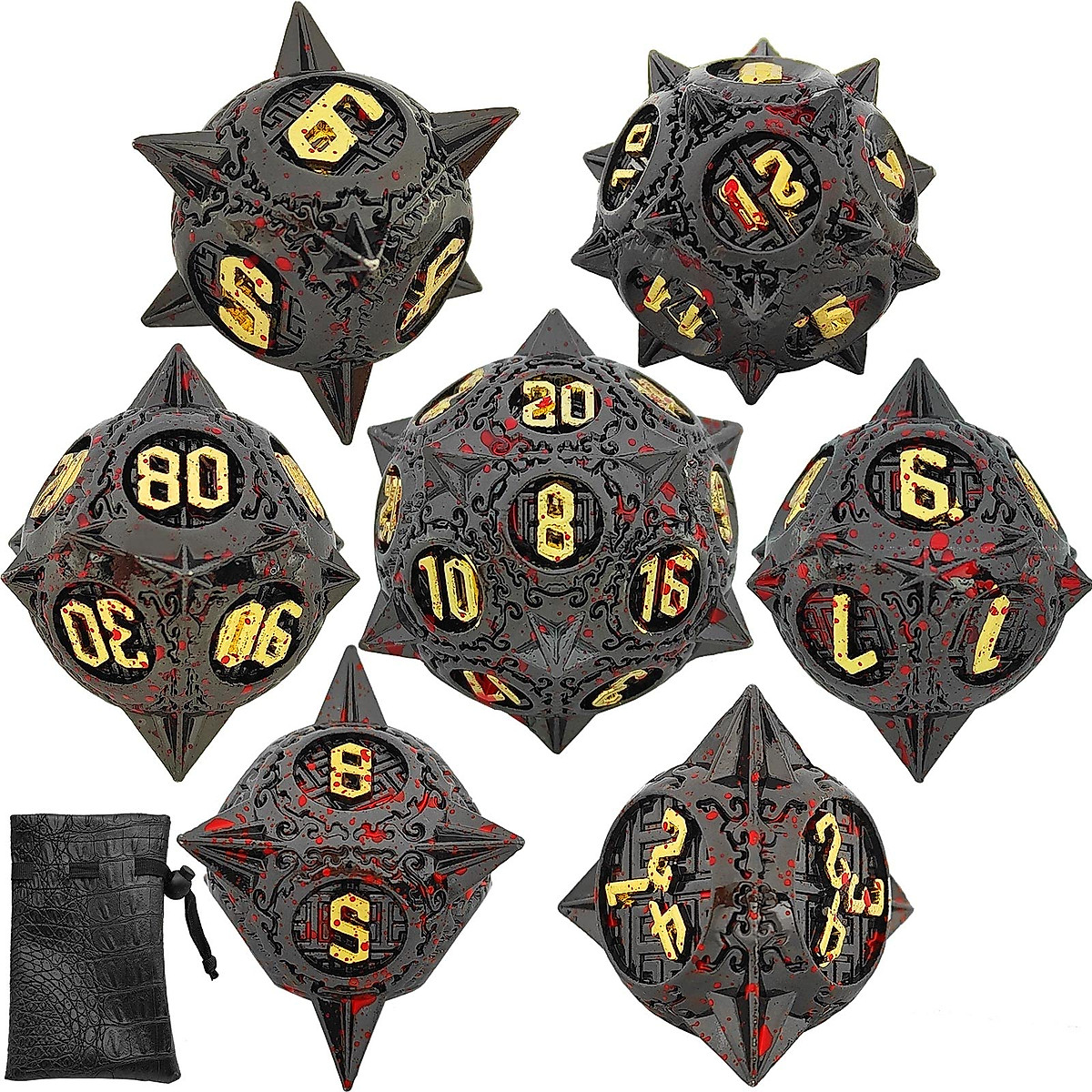 AHDKEJG Metal DND Dice Set 7pcs D&D Dungeons and Dragons Gifts Polyhedral Giant Dice MTG D and D RPG Role Playing Pathfinder Table Games Accessories D20 D12 D10 D% D8 D6 D4-Black Gold Blood Dot