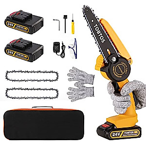 Mini Chainsaw 6 Inch Cordless, TOBTOS 24V Battery Powered Chain Saw with 2x 2.0Ah Battery, Portable Electric Chinsaw with Security Lock, Handheld Chainsaw for Tree Trimming Wood Cutting