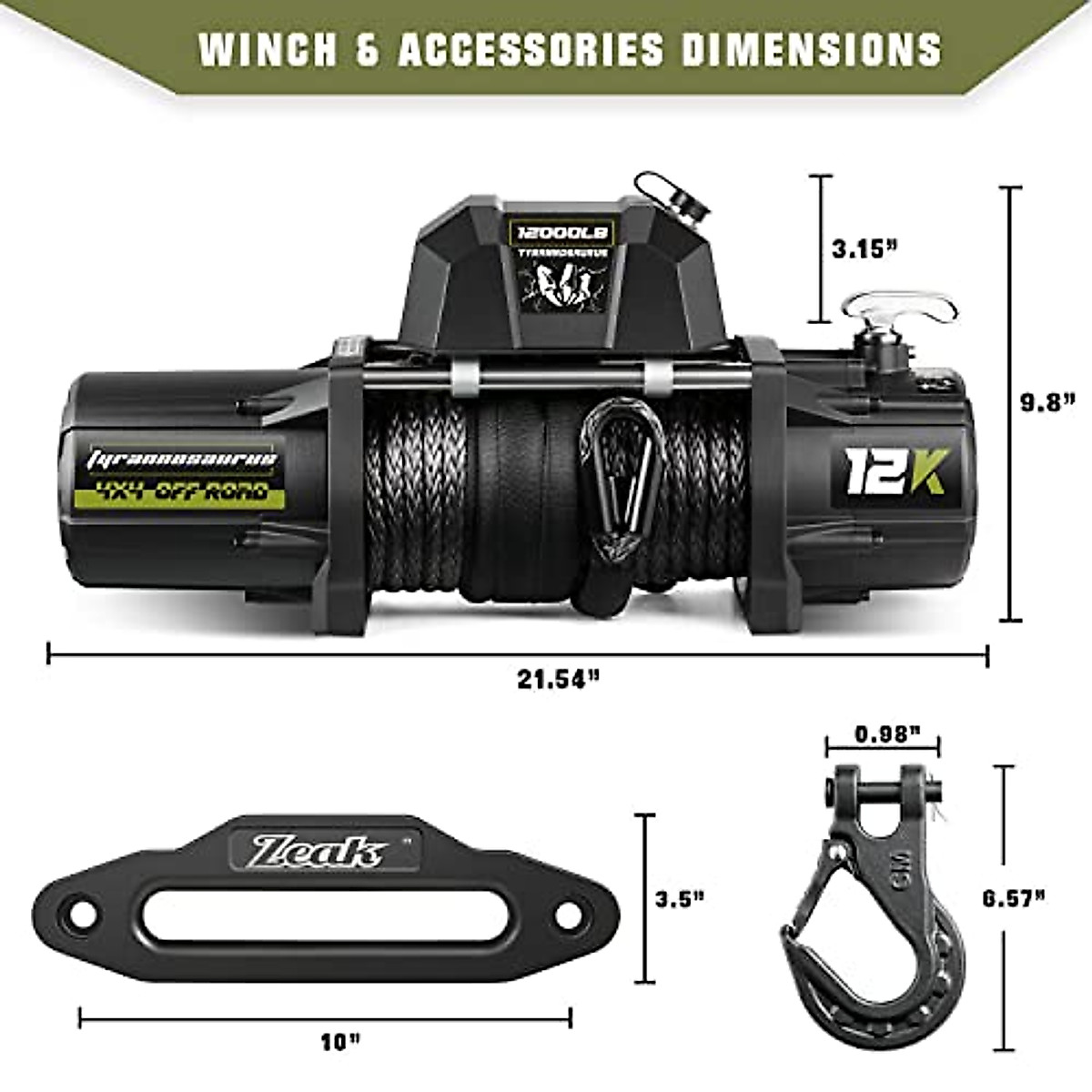Tyrannosaurus 12000lbs Waterproof Synthetic Winch Kit, Electric Winch 12V DC Powered Off-Road Winch with Heavy Duty Forged Hook for Trailers, SUVs