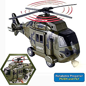 Liberty Imports Army Rescue Helicopter Friction Powered Toy Military Vehicle for Boys | Push and Go Chopper with Pretend Play Action Lights and Sounds (Military)