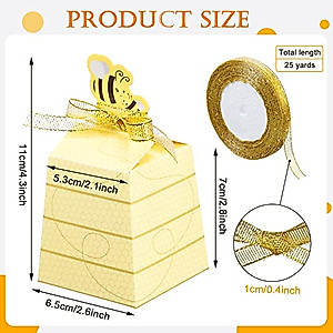 Bumble Bee Candy Decorations Beehive Gift Box with Glitter Gold Ribbon 3/8 Inch x 25 Yard for Bee Themed Day Baby Shower Gender Reveal Birthday Wedding Party Decorations, 25 Pcs