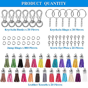 Keychain Tassles, Cridoz 300pcs Bulk Keychains Ring Set Includes 50pcs Tassels for Crafts, 50pcs Keychain Clips, 50pcs Key Chain Rings, 100pcs Jump Ring and 50pcs Screw Eye Pins for DIY Keychain