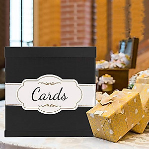Black Gift Card Box - White & Gold Satin Ribbon & Cards Label 10"x10" Large - Memory Box for Funerals or Graduations, Box for Wedding Receptions Birthdays or Baby Showers