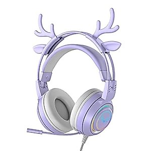 Atrasee Stereo Gaming Headset for PS4 PC Xbox One PS5 Controller, Noise Cancelling Over Ear Headphones with Mic, LED Light, Bass Surround, Soft Memory Earmuffs for Laptop Mac Nintendo (Purple Antlers)