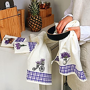 Lavien Home, Dish Towels for Kitchen Lavender Embroidered Absorbent and Soft Turkish Cotton Waffle Weave (Set of 4), Boho Farmhouse Decor with Plaid 16 x 23 inches