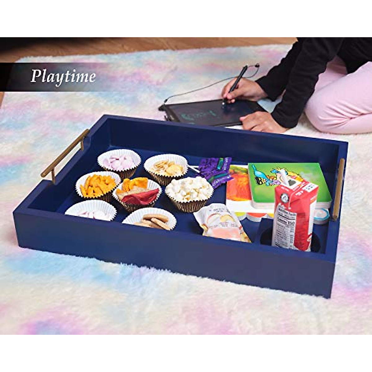 Deluxe Ottoman Tray- Wooden Serving Tray with Handles and Incorporated Cup Holder- Mid Century Modern Décor- Dark Navy Blue Tray 18"x14"x.3