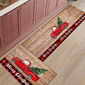 Arts Print Kitchen Rug Mat Set of 2,Christmas Red Car Black Red Plaid Vitage Wood Plank Runner Rug,Non-Slip Durable Kitchen Floor Mat for Sink,15.7x23.6Inch+15.7x47.2Inch 15.7X23.6in+15.7X47.2in