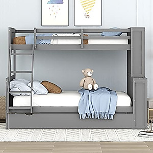 MERITLINE Twin Over Full Bunk Bed with Trundle and Storage Shelves, Solid Wood Bunk Bed Frame, can be Separated into Three Separate Platform Beds, Gray