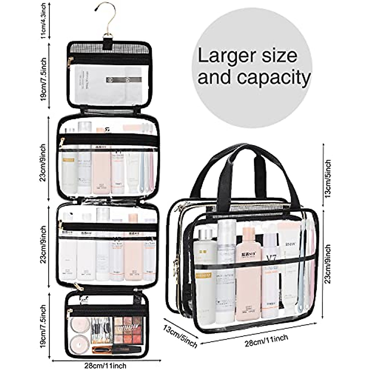 Hanging Toiletry Bag, Clear Travel Toiletry Bag with Detachable TSA Approved Clear Bag Airline 3-1-1 On Compliant Bag Large Makeup Bag for Men and Women (Black)