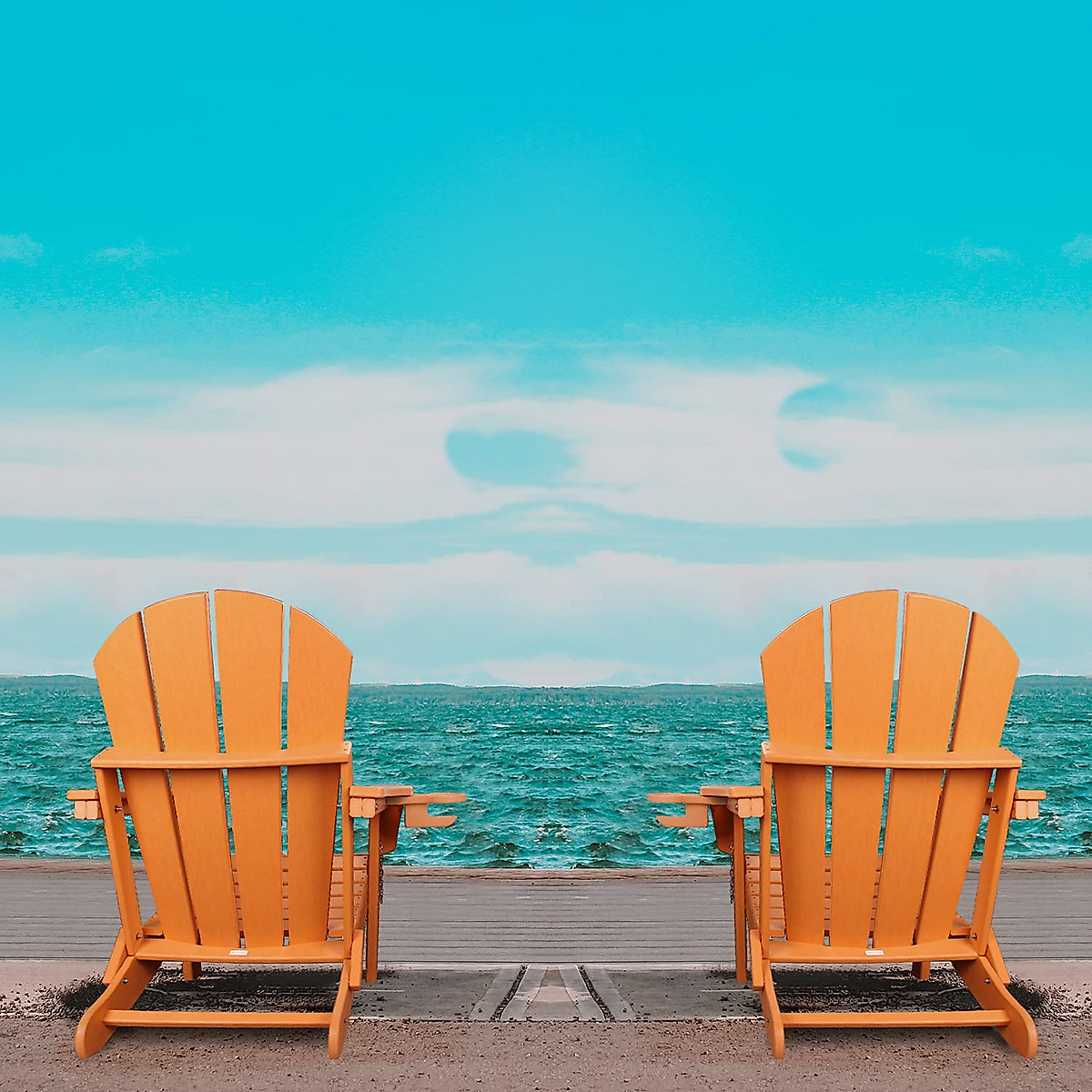 Jovilife Orange Folding Adirondack Chair HDPE Outdoor Patio Chair Beverage Holder Easy Compact Storage Garden Resin Outside Furniture All Weather Resistant Chair Backyard (Orange)