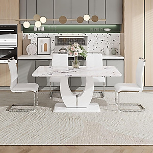 YWUFUART 63" Modern Marble Table,Rectangular Dining Table for 6,Imitation Marble Grain Dinner Table for Kitchen,Dining Room,White