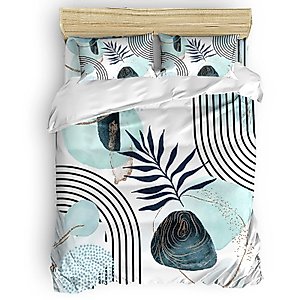 Duvet Cover Set of 4 Queen Size Abstract Mid Century Comforter Sets, Modern Geometric Plants Teal Bedding Set with Zipper Closure and 2 Pillow Cases, Soft Bed Covers Bedroom Decor for All Season