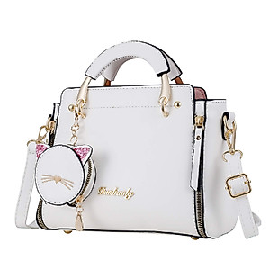 Qiayime Women Fashion Handbag Purses Luxury Designer Crossbody PU Leather Satchel Shoulder Messenger Bags Tote Cat Purse (white)