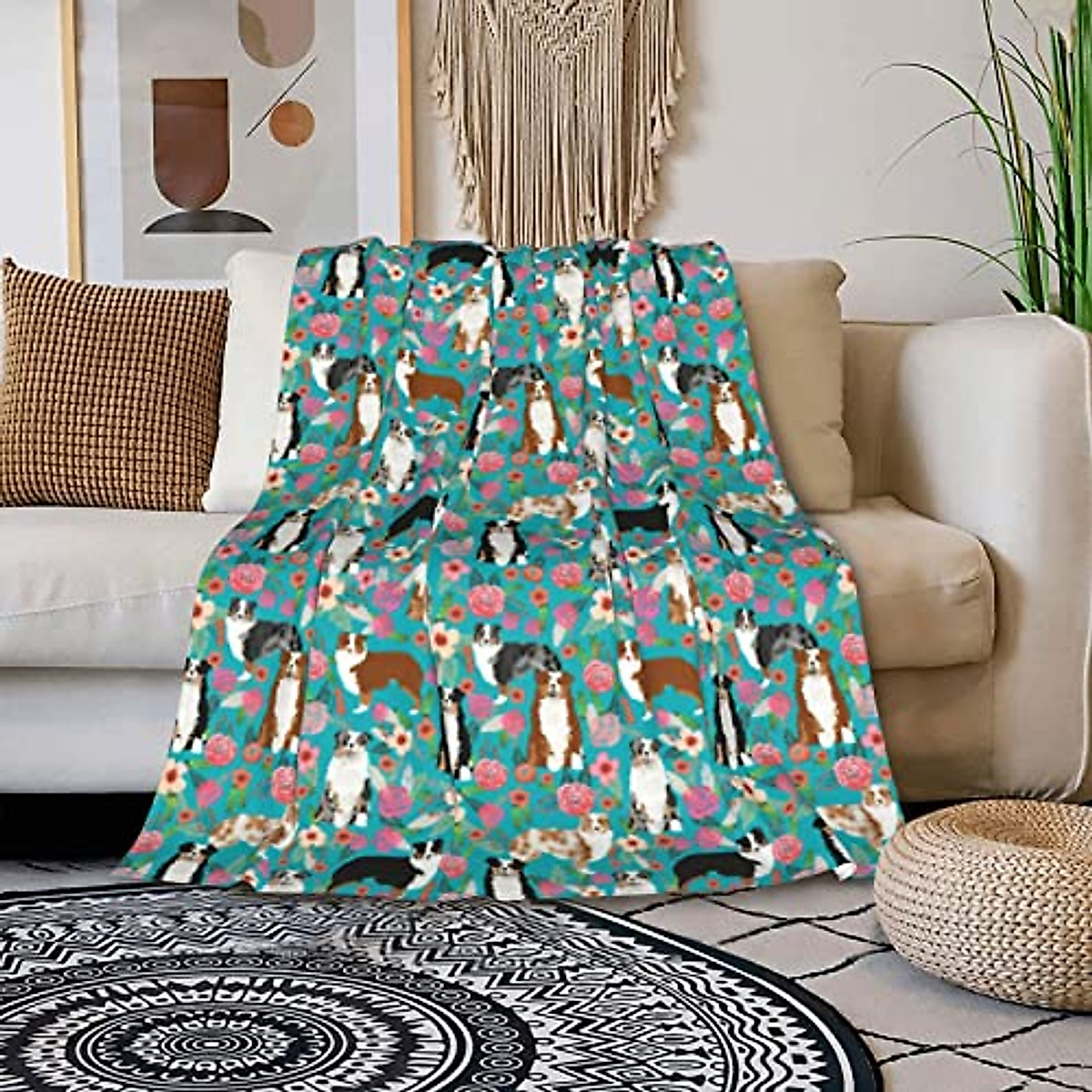 Australian Shepherd Dogs Flowers Throw Blanket Warm Ultra-Soft Micro Fleece Blanket for Bed Couch Living Room