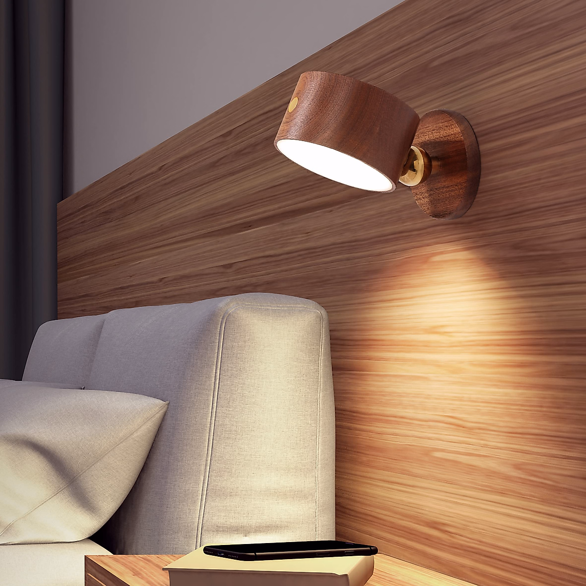 Leapair Wooden LED Wall Sconce, Wall Mounted Lamp,Wooden Night Light with Rechargeable Battery Operated 360°Rotate Magnetic Ball, Cordless Wall Light for Reading