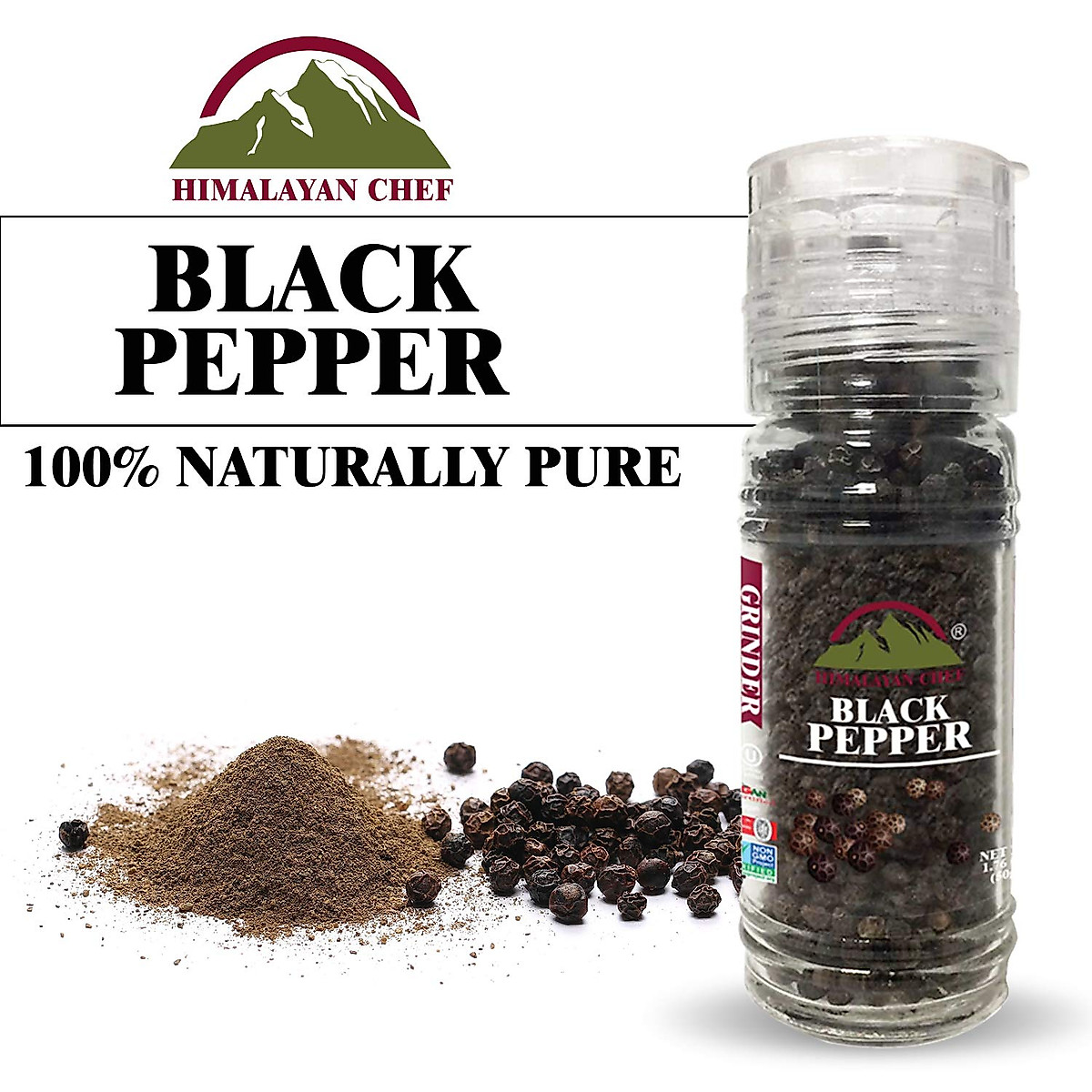 Himalayan Chef Pink Salt and Black Pepper Grinder Set – Refillable Glass Grinder, 5.3 Ounce, Non-GMO, Vegan & Kosher Certified, Perfect for Cooking and Seasoning
