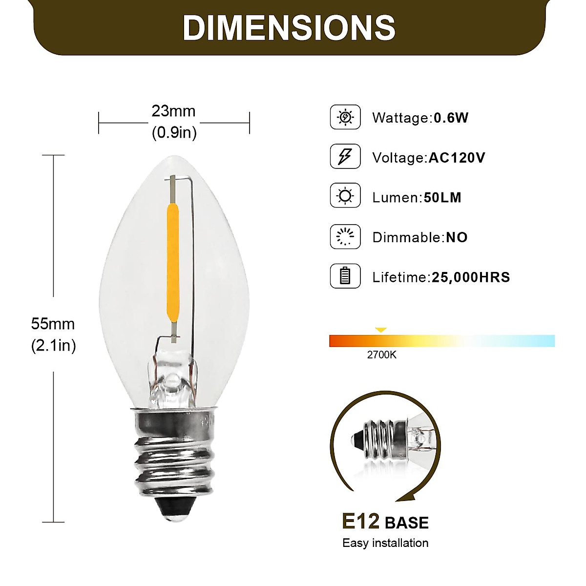 YIMILITE C7 0.6W 2700K Featuring Standard E12 LED Bulb Candelabra Base Replacement Night Light 6 Pack