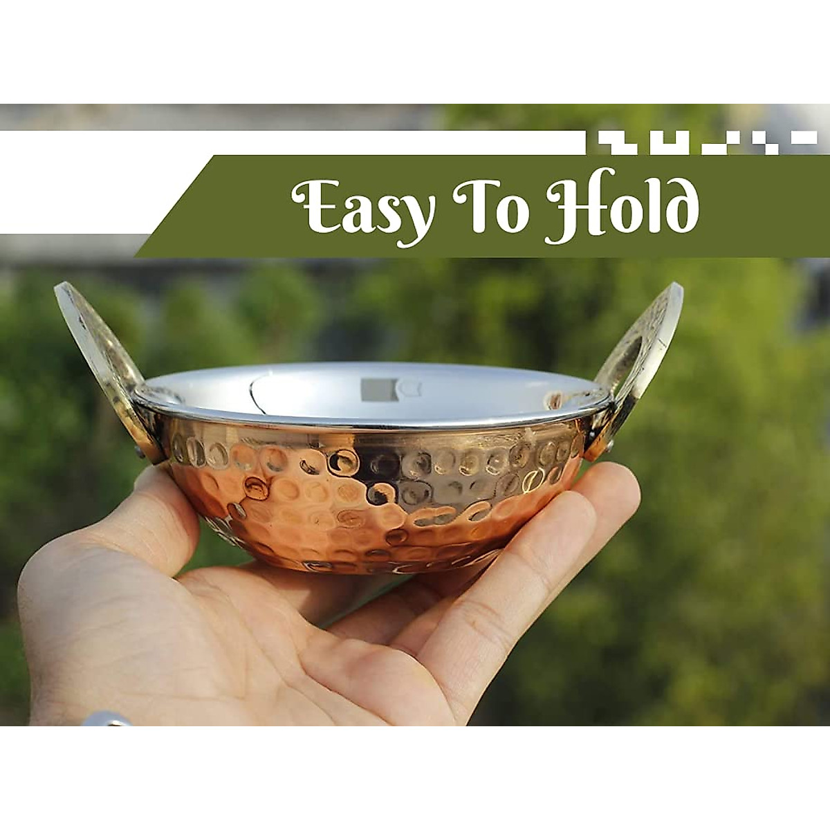 Genx Set of 4, Indian Copper Serveware Karahi Vegetable Dinner Bowl with Solid Brass Handle for Indian Food, Diameter- 13 Cm (5.2 Inches)