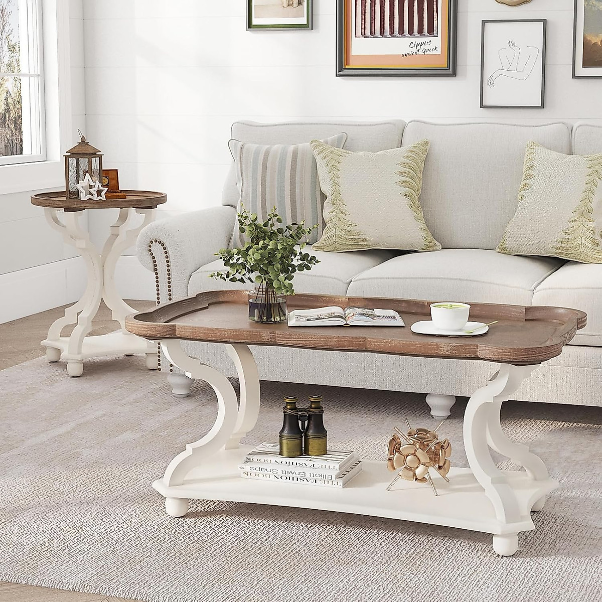 Function Home Farmhouse Coffee Table, Modern Cocktail Table with Storage Shelf, Sofa Table with Natural Tray Top and Carved Legs for Living Room, Bedroom, Dining Room in Vintage White