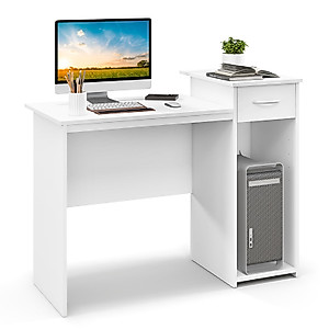 GOFLAME Computer Desk with Drawer, Modern Laptop PC Desk with Adjustable Shelf & Cable Hole, Compact Writing Desk Study Desk with Monitor Stand, Wooden Computer Workstation for Home Office, White