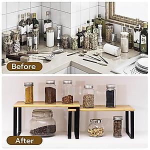 YONDERLIVICE Cabinet Shelf Organizers, Set of 2 Stackable Cabinet Organizers, Kitchen Counter Organizer, Expandable Spice Racks, Metal and Bamboo, Black and Natural
