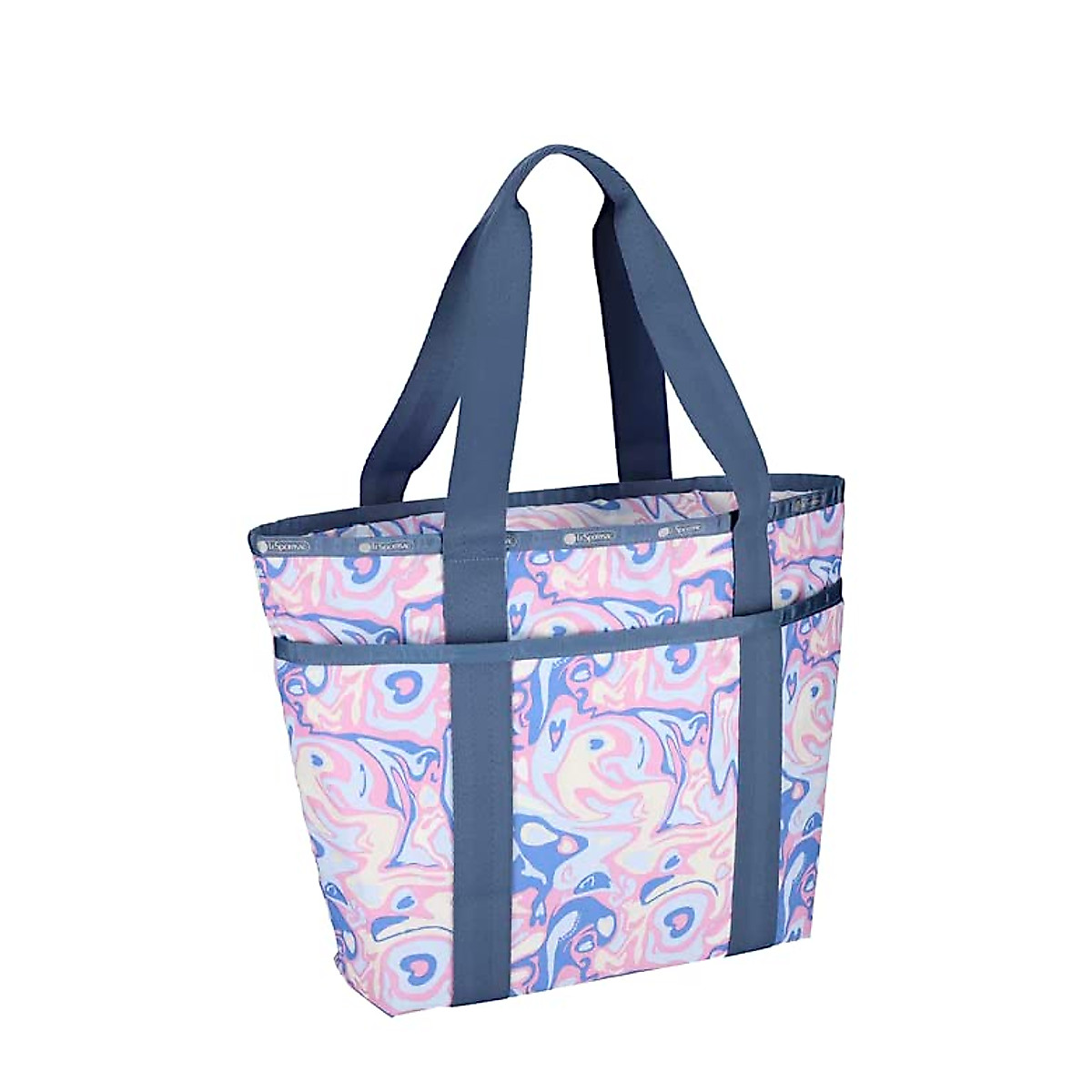 LeSportsac Radiant Reflections Everyday Zip Tote Handbag/Travel Bag, Style 3867/Color E541, Abstract Retro Swirls & Hearts, Soft Pastels: Blue, Pink, Amethyst & Cream, Subtle Iridescent Sheen
