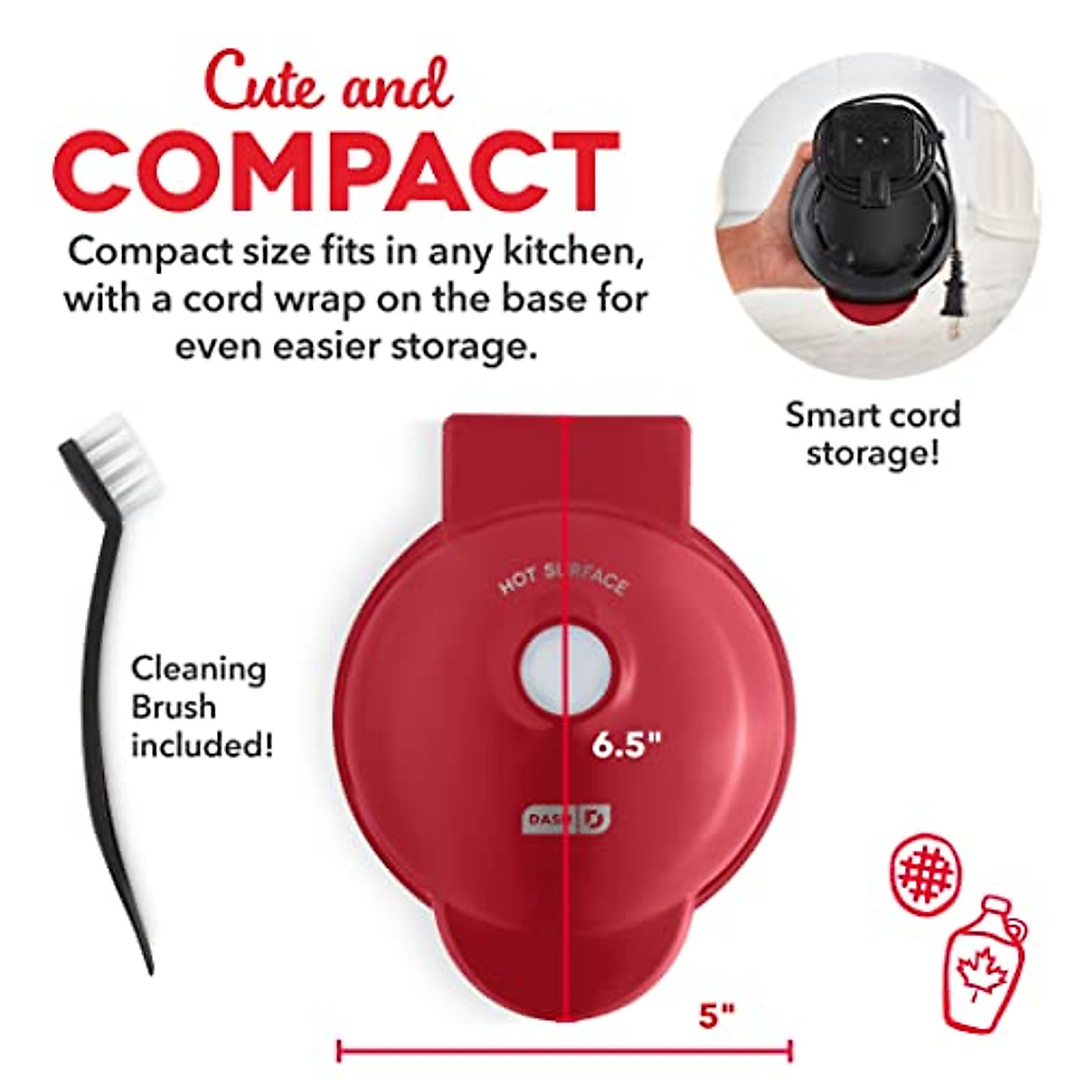 DASH Deluxe Mini Maker for Individual Waffles, Hash Browns, Keto Chaffles with Included Brush and Cord Wrap, and Easy to Clean Non-Stick Surfaces, 4 Inch, Apple Red