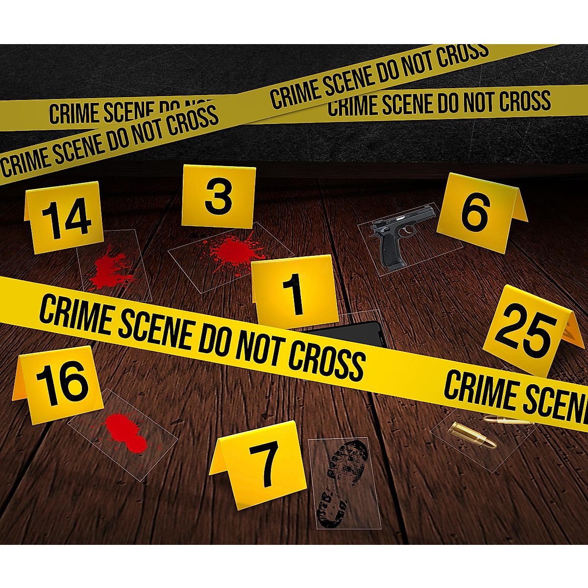 Crime Scene Decorations Kit, Crime Mystery Dinner Party Game Supplies, Includes Crime Scene Tape, 25 Yellow Evidence Markers, 25 Crime Object Cards